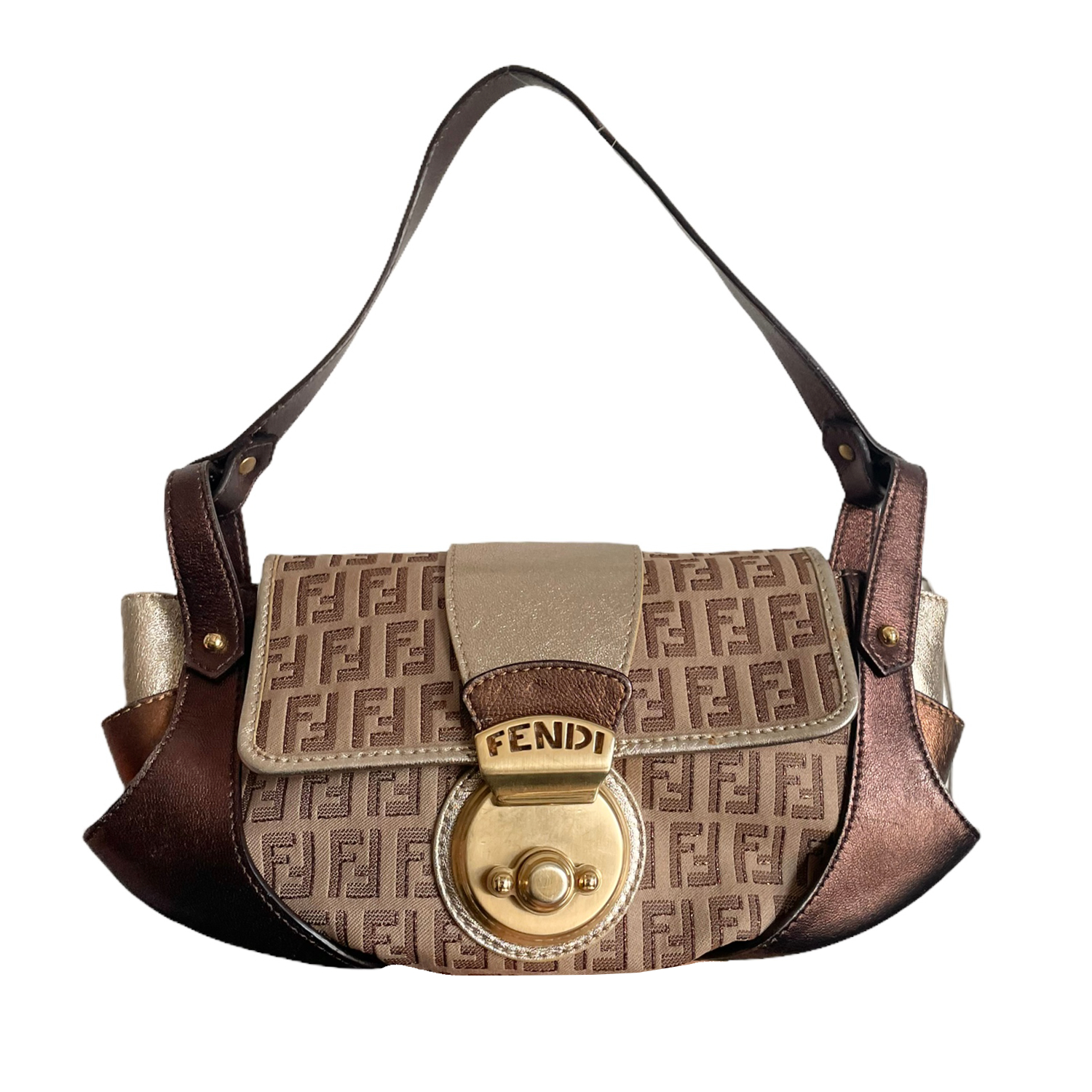 Fendi Monogram Shoulder Baguette Bag in Brown, Bronze and Gold – Nitryl