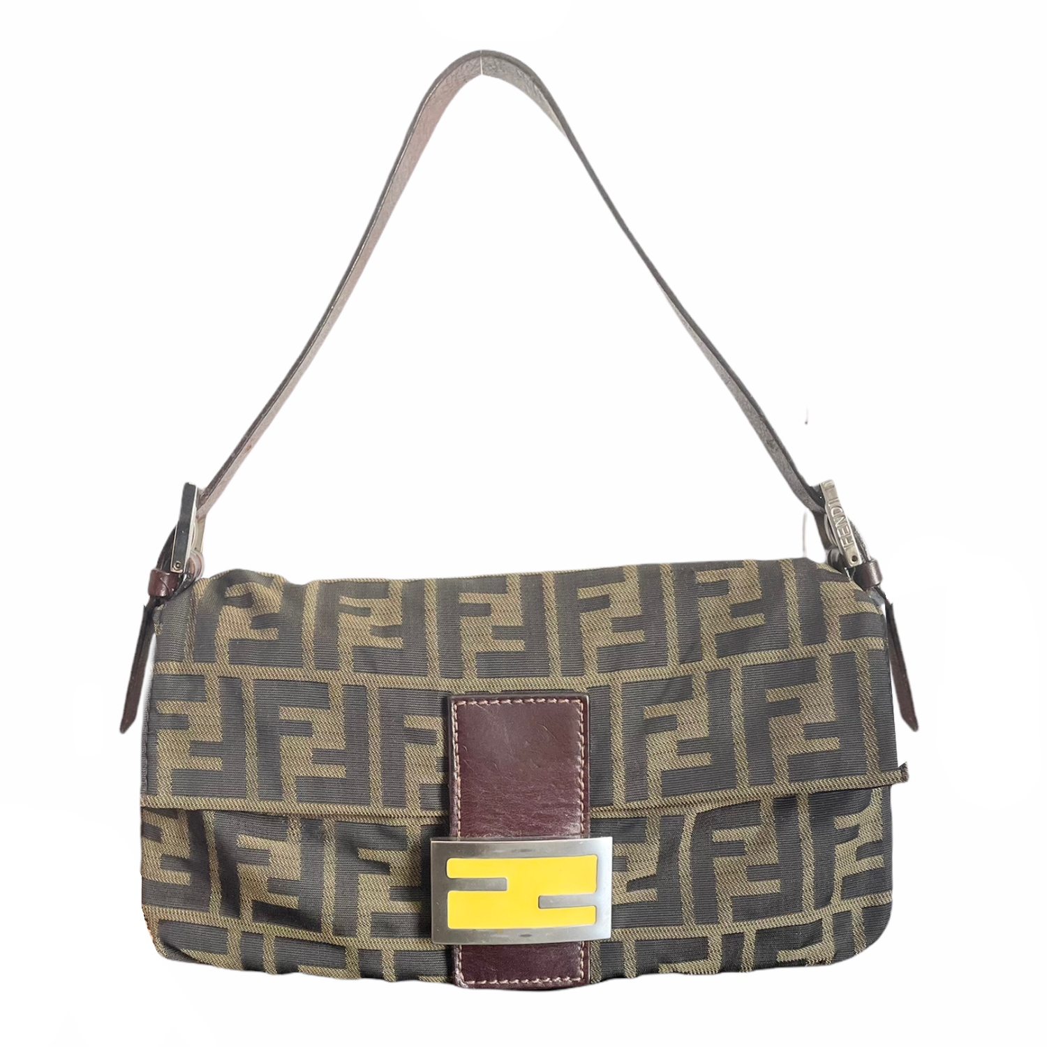 Fendi Zucca Monogram Baguette Shoulder Bag with Yellow Enamel Logo – Nitryl
