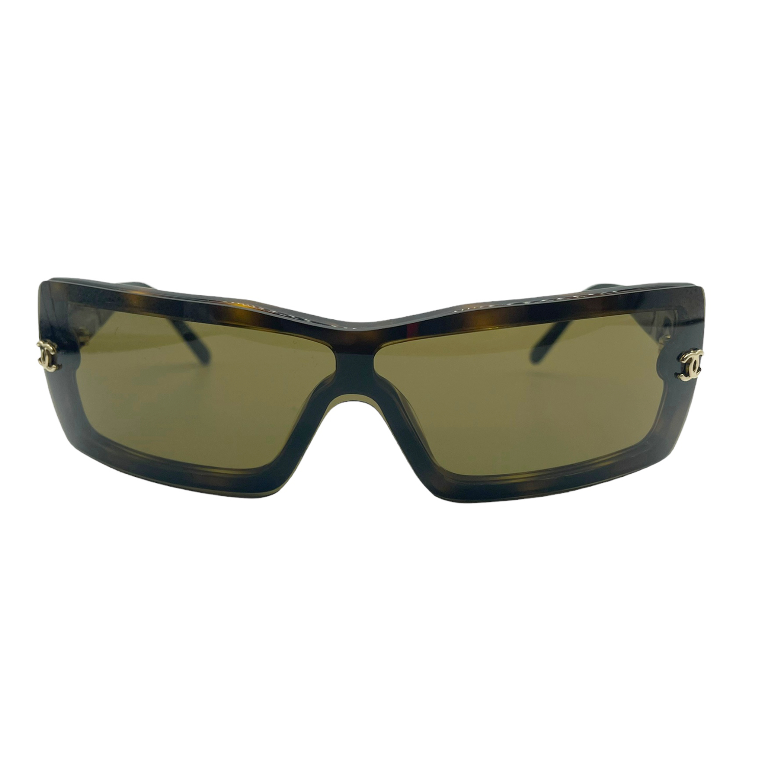 Chanel Chunky Rimless Shield Sunglasses in Tortoiseshell Brown / Gold ...