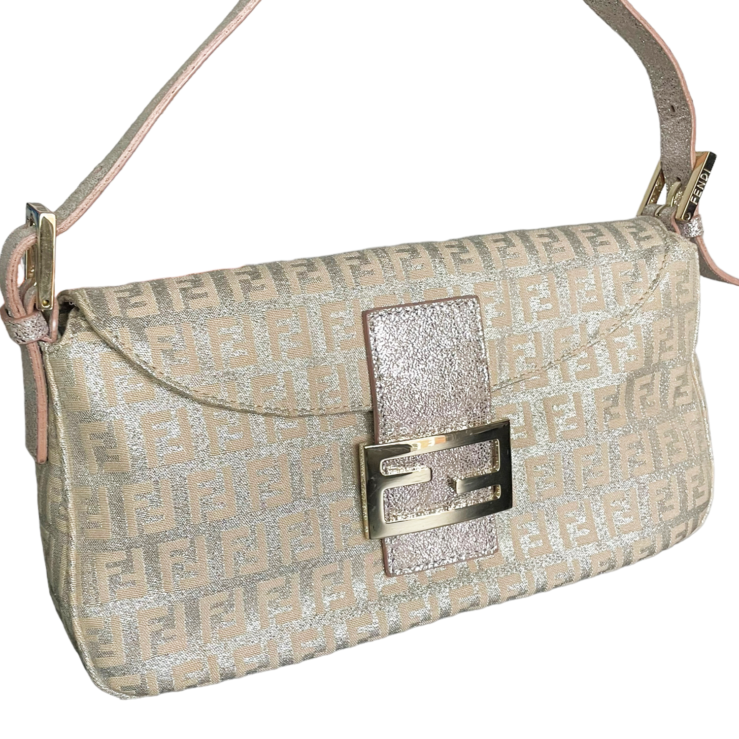 Fendi Monogram Metallic Shoulder Baguette Bag in Pink / Silver / Gold ...