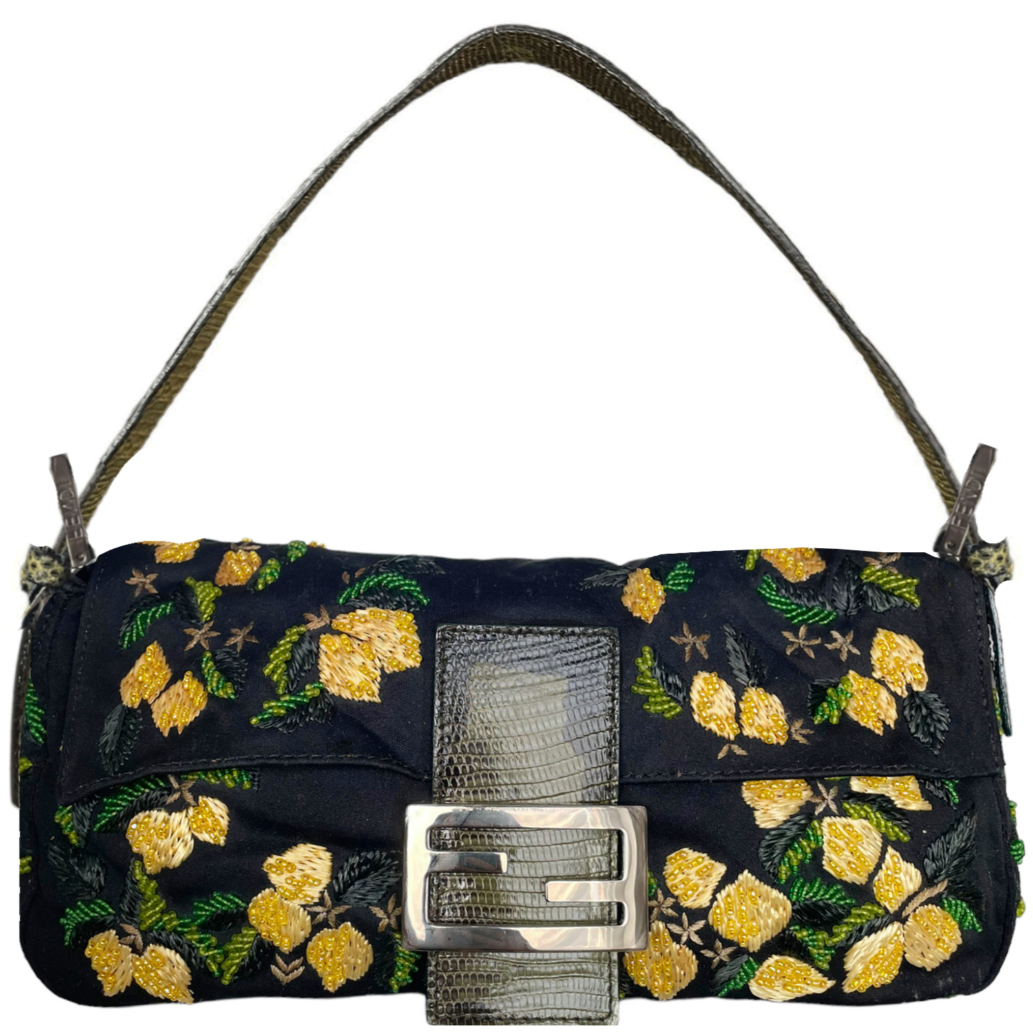 Fendi Beaded Embellished Lemon Shoulder Baguette Bag in Black Silk with ...