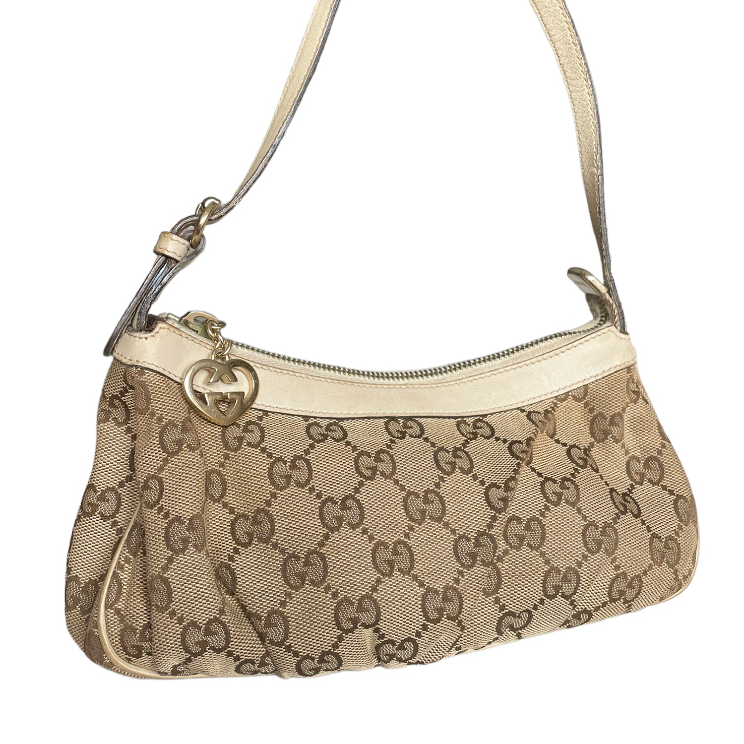 Gucci Monogram Mini Shoulder Bag in Beige / Cream with Gold Heart Charm ...