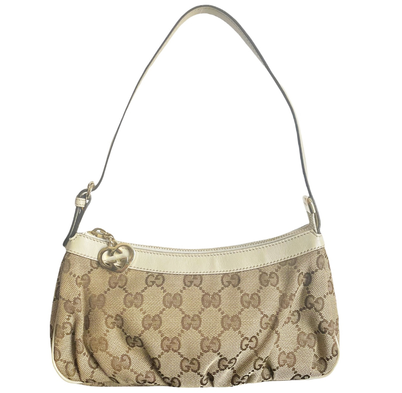 Gucci Monogram Mini Shoulder Bag in Beige / Cream with Gold Heart Charm ...