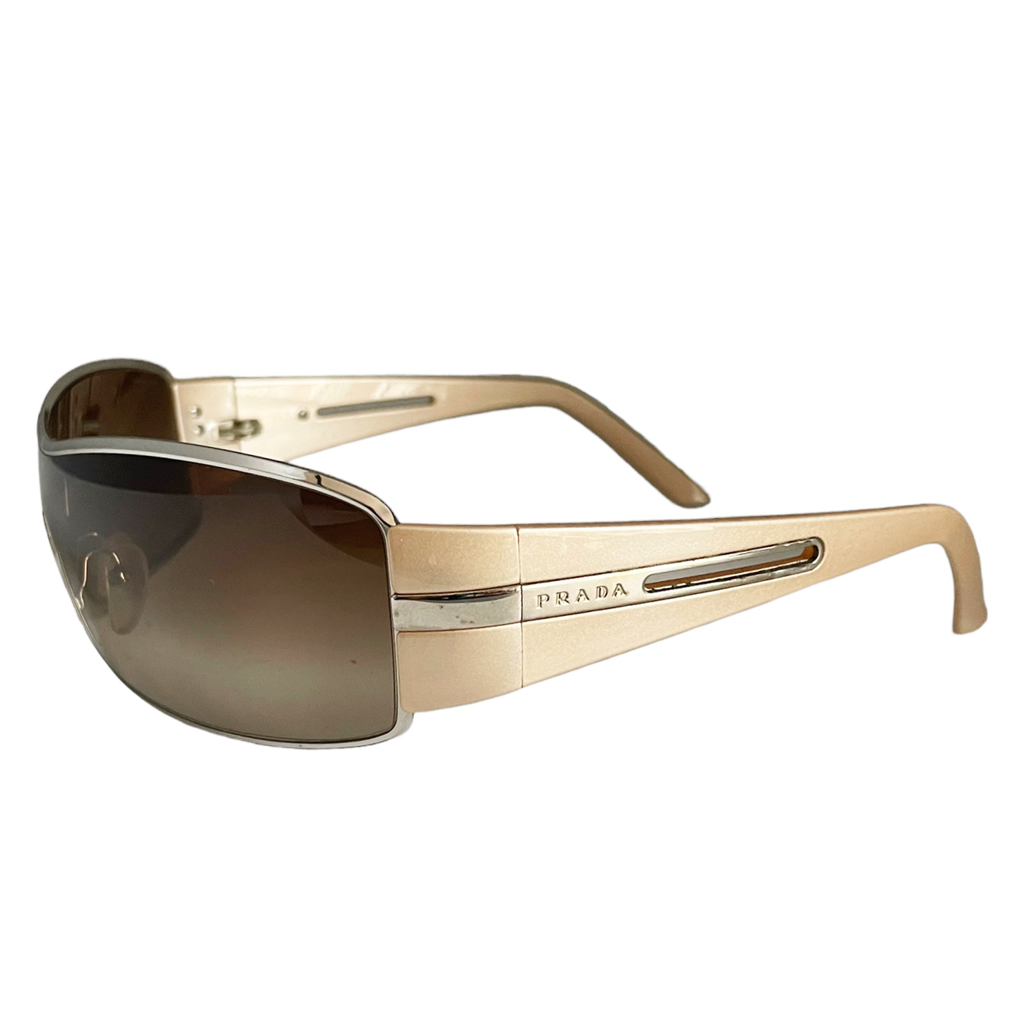 Prada Logo Shield Sunglasses in Beige / Silver – Nitryl