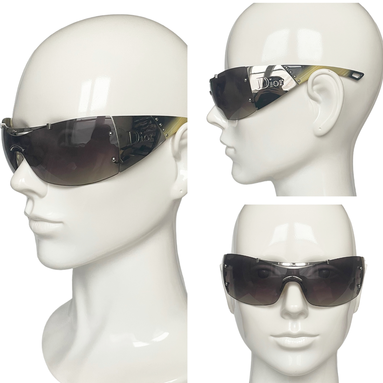 Dior Logo Wraparound Shield Sunglasses in Beige / Silver – Nitryl