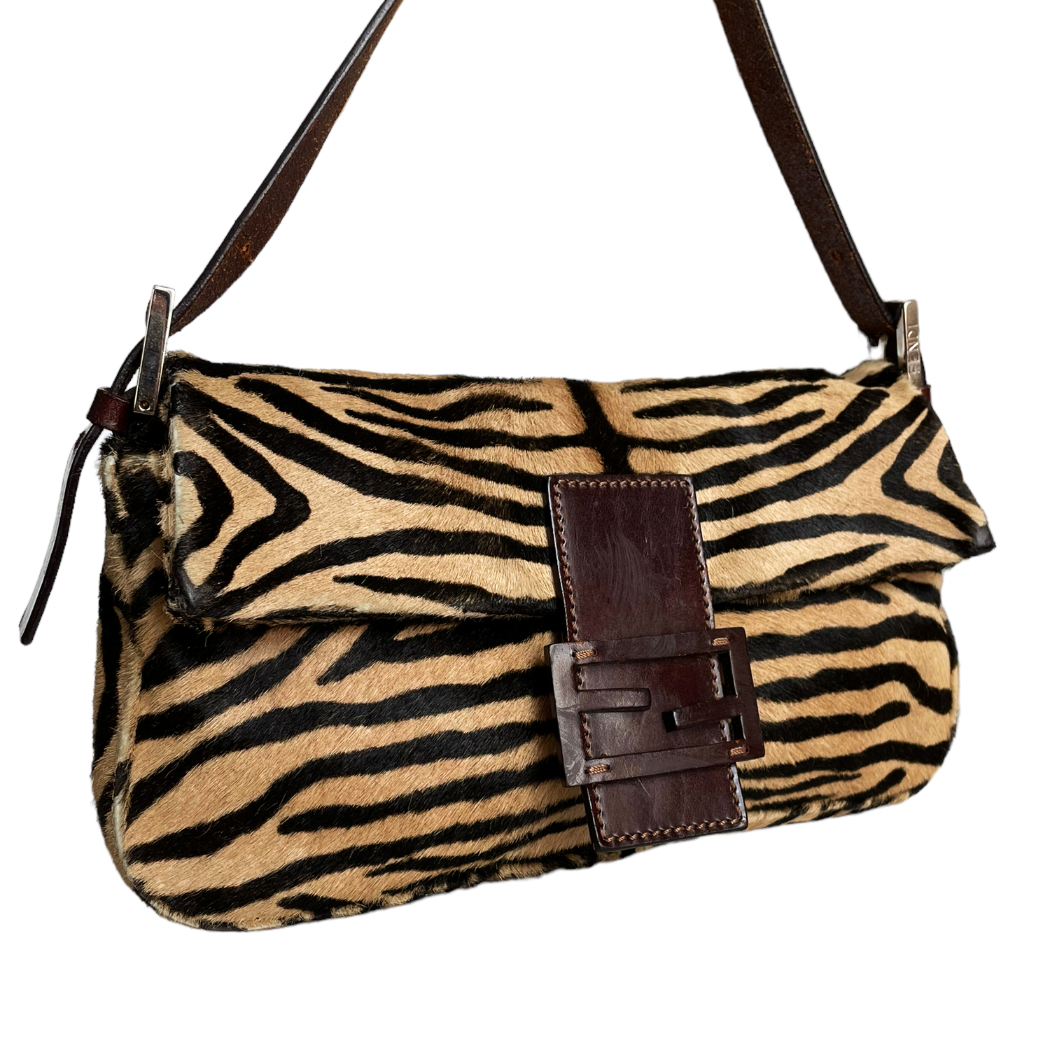 Fendi Zebra Print Ponyskin-Style Calfskin Shoulder Baguette Bag in Tan ...