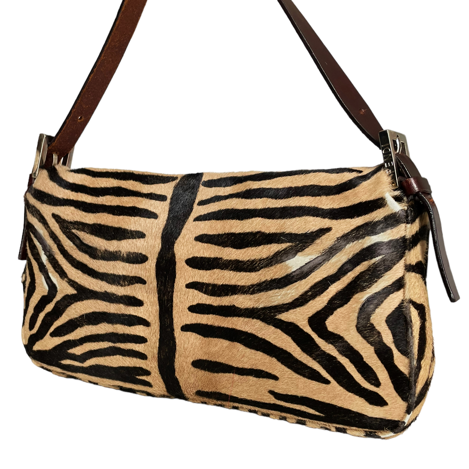 Fendi Zebra Print Ponyskin-Style Calfskin Shoulder Baguette Bag in Tan ...