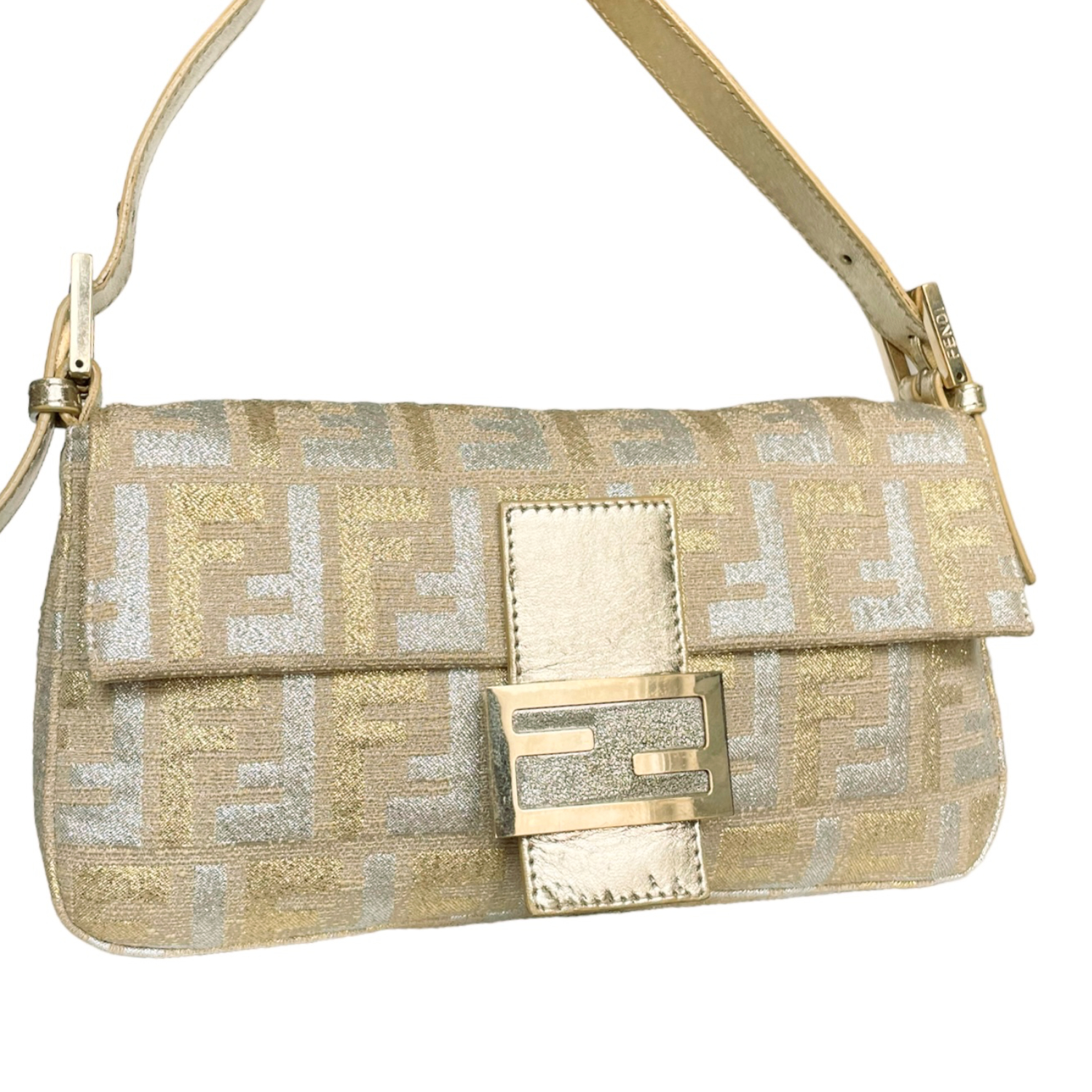 Fendi Monogram Metallic Glitter Shoulder Baguette Bag in Gold / Silver ...