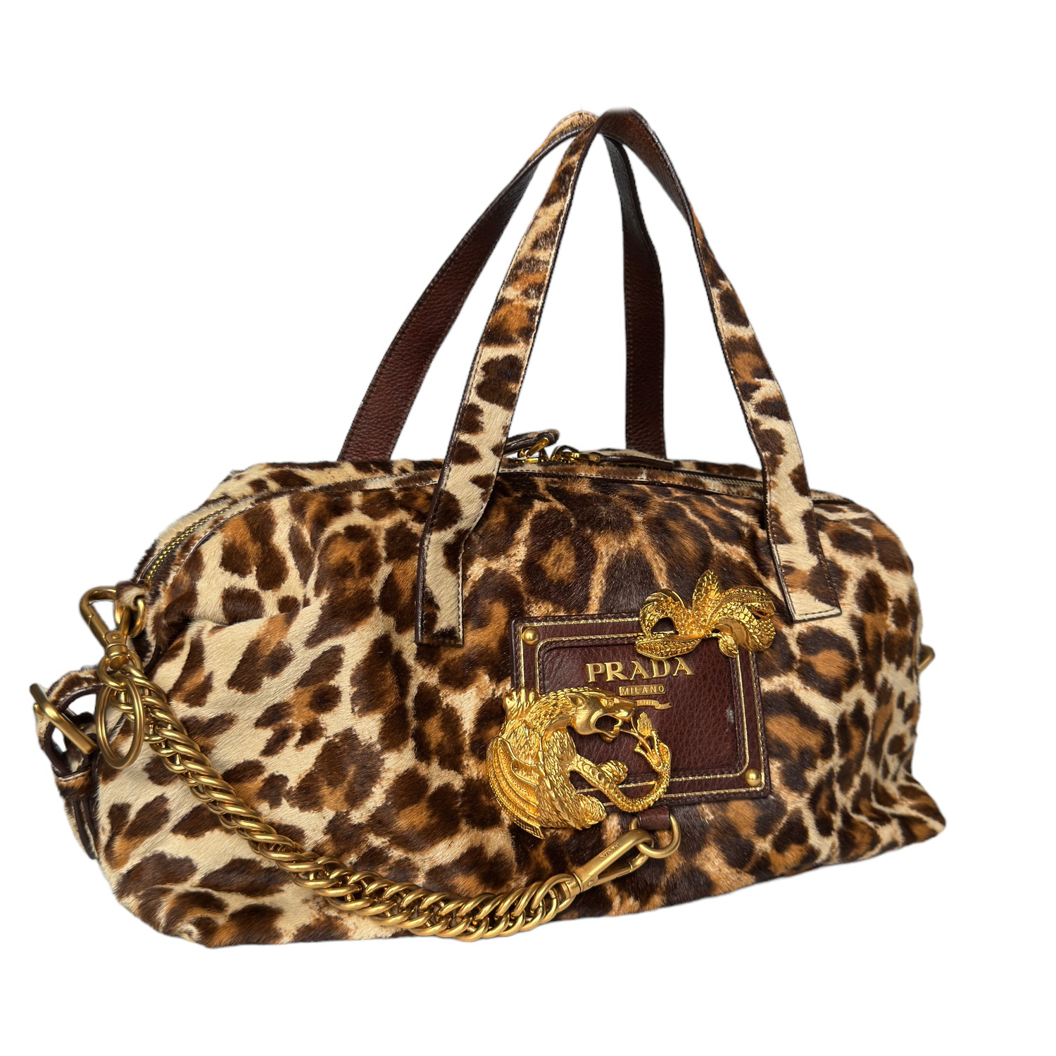 Prada Leopard Calfskin Dragon Shoulder Bag in Brown / Gold – Nitryl