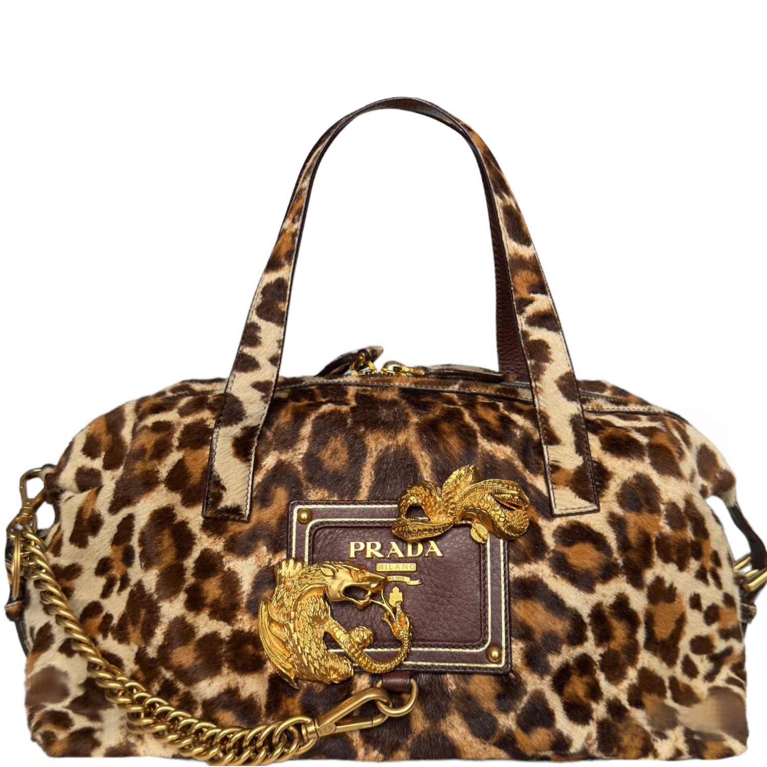 Prada Leopard Calfskin Dragon Shoulder Bag in Brown / Gold – Nitryl