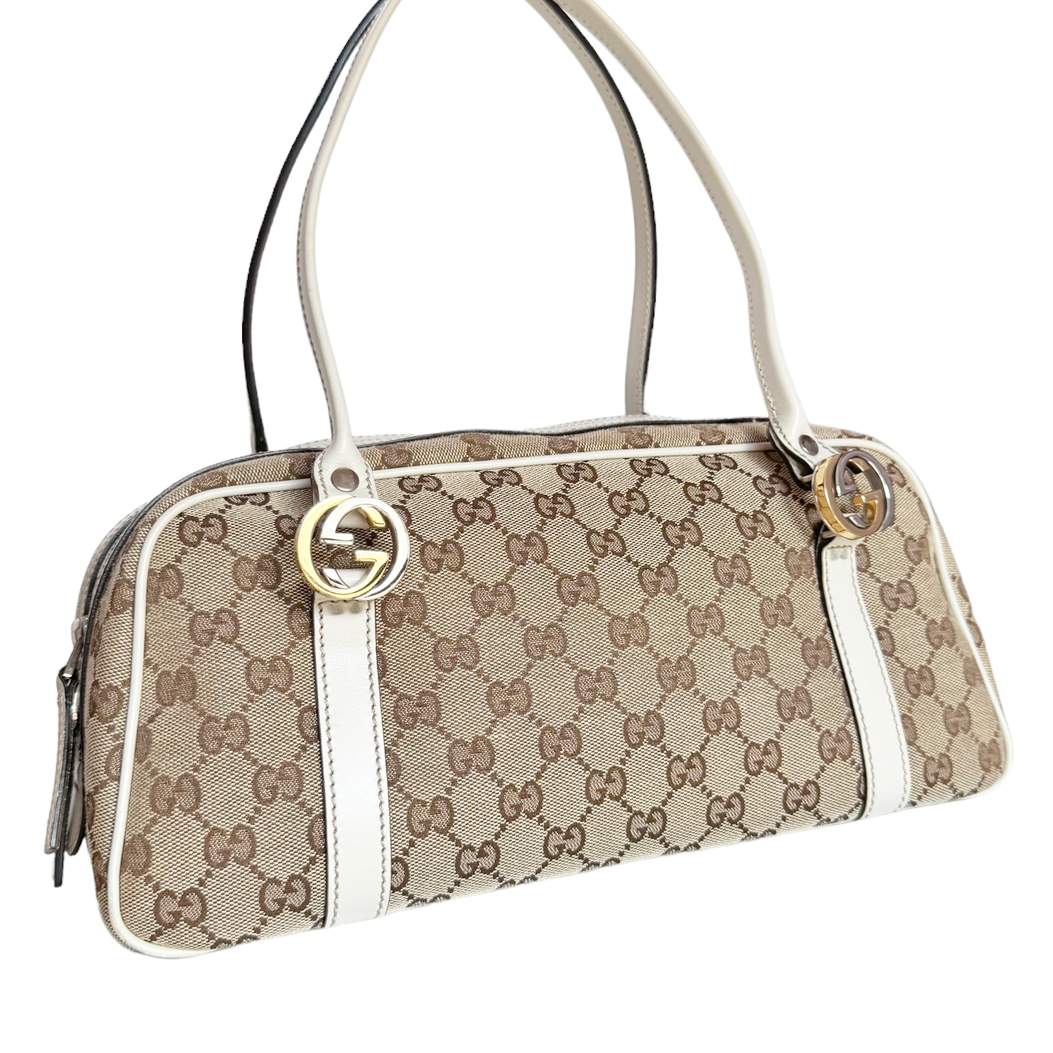 Gucci Monogram Logo Shoulder Bag in Beige / White / Gold / Silver – Nitryl