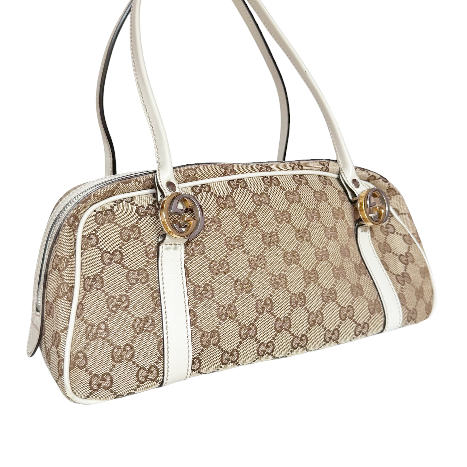 Gucci Monogram Logo Shoulder Bag in Beige / White / Gold / Silver – Nitryl